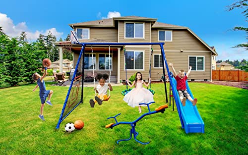 Fitness Reality Kids 6 Station Sports Metal Swing Set for Backyard with Slide Seesaw, Saucer Swing, Basketball Hoop, and Soccer Rebounder (8413)