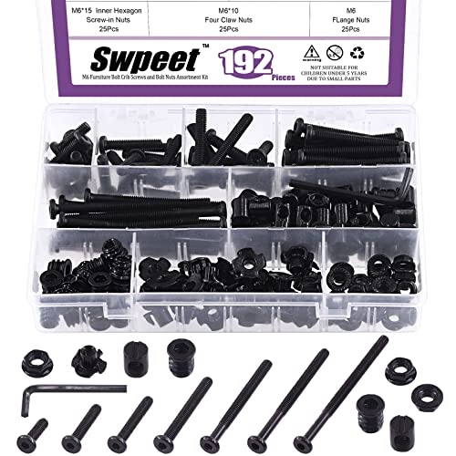 Swpeet 192Pcs M6 × 20/30/40/50/60/70/80mm Black Zinc Flat Head Hex Socket Cap Baby Crib Bed Bolts and Threaded Insert Nuts with Flange Nuts and 4 Pronged Tee T Nuts Kit with Allen Wrench