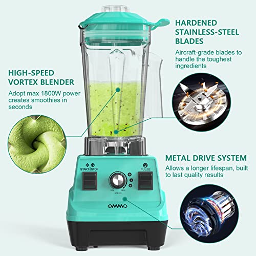 OMMO Blender 1800PW, Professional High Speed Countertop Blender with Durable Stainless Steel Blades, 60oz BPA Free Blender for Shakes and Smoothies, Nuts, Ice and Fruits, Dishwasher Safe (Blue)