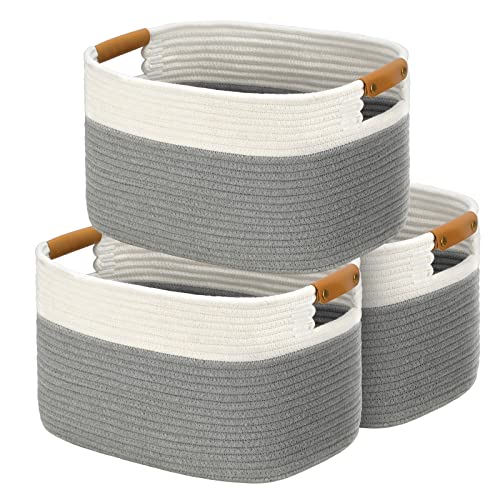 LOVSTORAGE Cotton Rope Basket for Storage, Set of 3 Storage Baskets for Organizing with Handles Woven Laundry Basket in Living Laundry Room for Blankets Toys Throws Pillows Towels 15"x10"x9" White/Grey