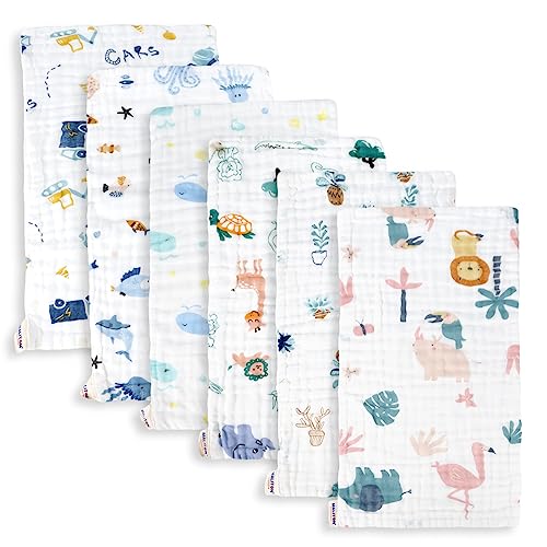 Maliton Muslin Baby Burp Cloths 6 Pack Large 20''x10'' 100% Cotton Burp Rags Absorbent and Soft 6 Layers Muslin Cloth Baby Essentials for Newborn(Zoo Pattern, Pack of 6)