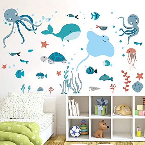 Ocean Fish Wall Decals Under The Sea Wall Decals Stickers with Whale Octopus Stingray Sea Stars Turtle Shells and Sea Kelps for Kids Room Daycare Classroom Playroom