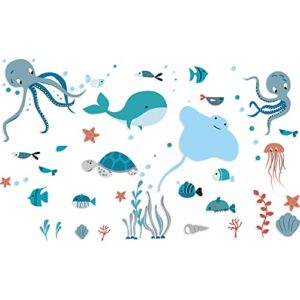 Ocean Fish Wall Decals Under The Sea Wall Decals Stickers with Whale Octopus Stingray Sea Stars Turtle Shells and Sea Kelps for Kids Room Daycare Classroom Playroom