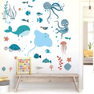 Ocean Fish Wall Decals Under The Sea Wall Decals Stickers with Whale Octopus Stingray Sea Stars Turtle Shells and Sea Kelps for Kids Room Daycare Classroom Playroom