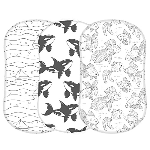 TansyPanda Bassinet Sheets for Halo Bassinest Swivel, Flex, Glide, Premiere and Luxe Series Sleeper, Pack of 3, 33 X 17 Inch, Ultra Soft, Snug Fit, Unisex Boys Girls, Gray White (Ocean Fish Theme)