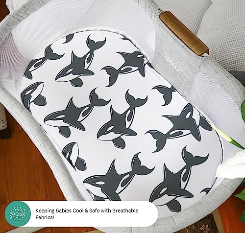 TansyPanda Bassinet Sheets for Halo Bassinest Swivel, Flex, Glide, Premiere and Luxe Series Sleeper, Pack of 3, 33 X 17 Inch, Ultra Soft, Snug Fit, Unisex Boys Girls, Gray White (Ocean Fish Theme)