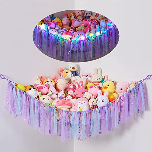 Stuffed Animal Net or Hammock with LED Light, FKSP Toy Hammock Hanging Stuffed Animal Storage Organizer Holder Room Décor with Tassels for Nursery Play Room Kids Bedroom