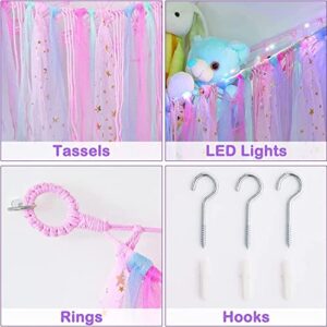 Stuffed Animal Net or Hammock with LED Light, FKSP Toy Hammock Hanging Stuffed Animal Storage Organizer Holder Room Décor with Tassels for Nursery Play Room Kids Bedroom