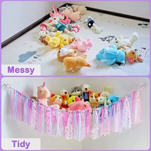 Stuffed Animal Net or Hammock with LED Light, FKSP Toy Hammock Hanging Stuffed Animal Storage Organizer Holder Room Décor with Tassels for Nursery Play Room Kids Bedroom