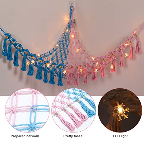 Stuffed Animal Net or Hammock with LED Light Stuff Toy Organizer Hanging Storage Net Handmade Boho Toys Storage Hammock Holder with Wood Beads for Children's Room Kindergarten Nursery (Blue and Pink)