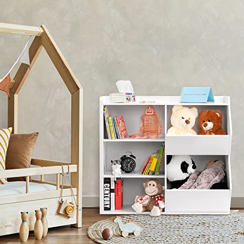 ALIMORDEN Toy Storage Organizer with Bookcase, Kids Toy Storage Cubby with Bins for Playroom,Bedroom,Nursery School, White