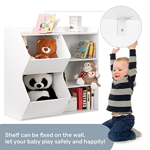 ALIMORDEN Toy Storage Organizer with Bookcase, Kids Toy Storage Cubby with Bins for Playroom,Bedroom,Nursery School, White