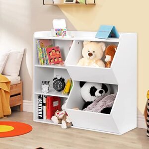 ALIMORDEN Toy Storage Organizer with Bookcase, Kids Toy Storage Cubby with Bins for Playroom,Bedroom,Nursery School, White