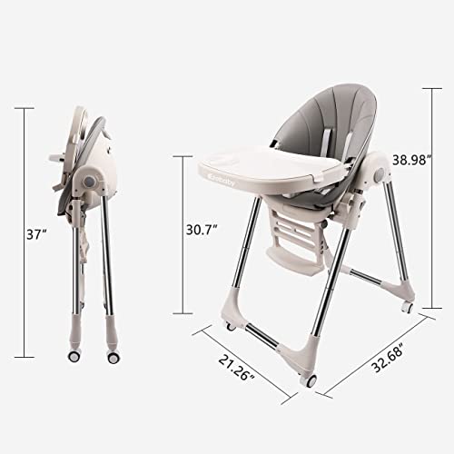 Ezebaby Foldable, Portable High Chair with 4 Wheels and Removable Tray with Adjustable Seat Heigh Recline for Babies, Infant and Toddler (Grey)