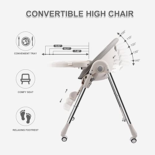 Ezebaby Foldable, Portable High Chair with 4 Wheels and Removable Tray with Adjustable Seat Heigh Recline for Babies, Infant and Toddler (Grey)