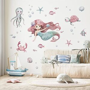 mfault mermaid under the sea wall decals stickers, baby girls ocean creatures nursery decoration bedroom playroom art, octopus turtles crab shell bubble fish kids room bathroom home decor