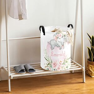 Custom Watercolor Flower Sleep Elephant Laundry Basket Handles Collapsible Hamper Foldable Storage Bin Living Room Office Bathroom Bedroom