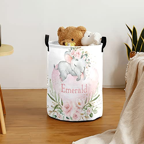 Custom Watercolor Flower Sleep Elephant Laundry Basket Handles Collapsible Hamper Foldable Storage Bin Living Room Office Bathroom Bedroom