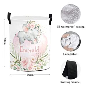 Custom Watercolor Flower Sleep Elephant Laundry Basket Handles Collapsible Hamper Foldable Storage Bin Living Room Office Bathroom Bedroom