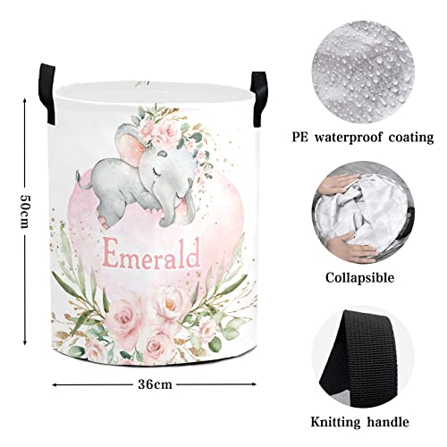 Custom Watercolor Flower Sleep Elephant Laundry Basket Handles Collapsible Hamper Foldable Storage Bin Living Room Office Bathroom Bedroom