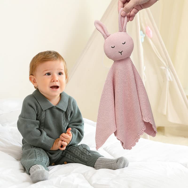 LAWKUL Baby Lovey Bunny Security Blanket Soft Cuddly Babe Blankie Knit Cotton Babies Comforter for Newborns Boy Girls Pink