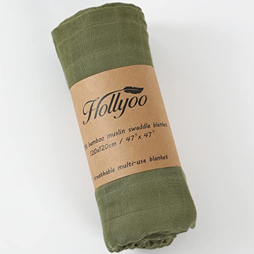 Muslin Swaddle Blanket, 100% Bamboo Plain Solid Olive Unisex Swaddle Wrap, Soft Silky Bamboo Green Muslin Swaddle Blankets Neutral Receiving Blanket for Newborn Boys and Girls, Large 47'' X47''