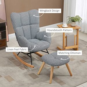 HOMCOM Glider Rocker with Ottoman Set, Houndstooth Nursery Rocking Chair, Upholstered Wingback Armchair for Living Room and Bedroom