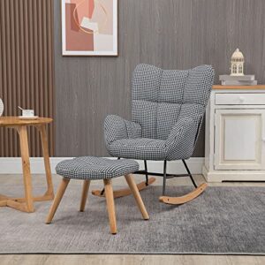 HOMCOM Glider Rocker with Ottoman Set, Houndstooth Nursery Rocking Chair, Upholstered Wingback Armchair for Living Room and Bedroom