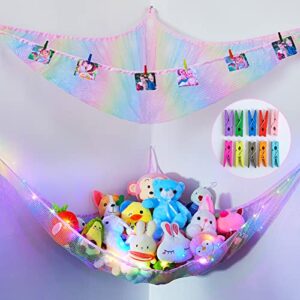 fiobee stuffed animals net or hammock, stuffed animals storage holder toy hammock organizer hanging with led light photo clips for nursery play room kids bedroom pack of 2