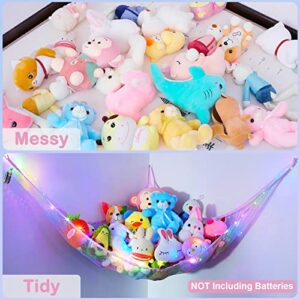 FIOBEE Stuffed Animals Net or Hammock, Stuffed Animals Storage Holder Toy Hammock Organizer Hanging with LED Light Photo Clips for Nursery Play Room Kids Bedroom Pack of 2