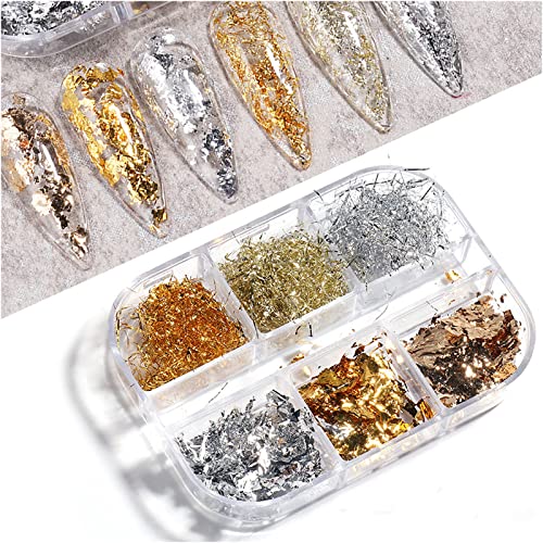 Nail Glitter Gold Silver Gold Foil Wire Platinum Fragments 6 Box Nail Jewelry for Nail Gel Decoration Gives a Different Style