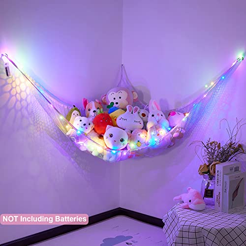 FIOBEE Stuffed Animals Net or Hammock, Stuffed Animals Storage Holder Toy Hammock Organizer Hanging with LED Light Photo Clips for Nursery Play Room Kids Bedroom Pack of 2