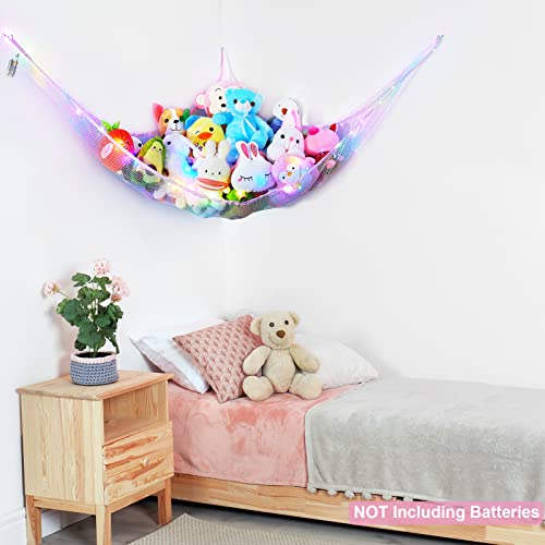 FIOBEE Stuffed Animals Net or Hammock, Stuffed Animals Storage Holder Toy Hammock Organizer Hanging with LED Light Photo Clips for Nursery Play Room Kids Bedroom Pack of 2