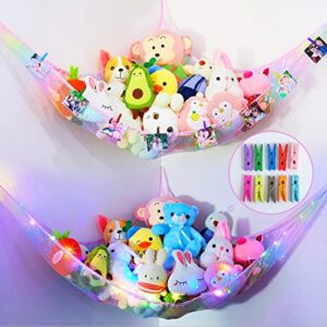 FIOBEE Stuffed Animals Net or Hammock, Stuffed Animals Storage Holder Toy Hammock Organizer Hanging with LED Light Photo Clips for Nursery Play Room Kids Bedroom Pack of 2