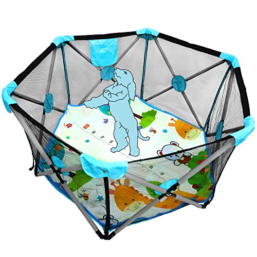 HTTMT- Hexagon Safety Playpen Portable Foldable Mesh Playard Infants Baby Toodler Animals Fence w/Travel Bag Nursery Furniture For Indoor Outdoor - Dark Blue