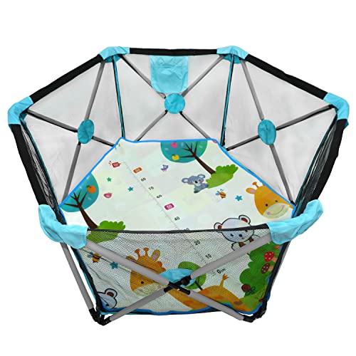 HTTMT- Hexagon Safety Playpen Portable Foldable Mesh Playard Infants Baby Toodler Animals Fence w/Travel Bag Nursery Furniture For Indoor Outdoor - Dark Blue