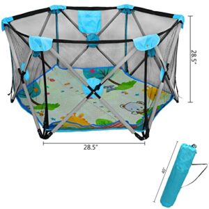 HTTMT- Hexagon Safety Playpen Portable Foldable Mesh Playard Infants Baby Toodler Animals Fence w/Travel Bag Nursery Furniture For Indoor Outdoor - Dark Blue