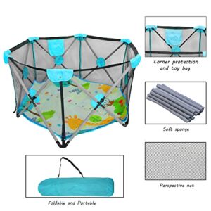 HTTMT- Hexagon Safety Playpen Portable Foldable Mesh Playard Infants Baby Toodler Animals Fence w/Travel Bag Nursery Furniture For Indoor Outdoor - Dark Blue