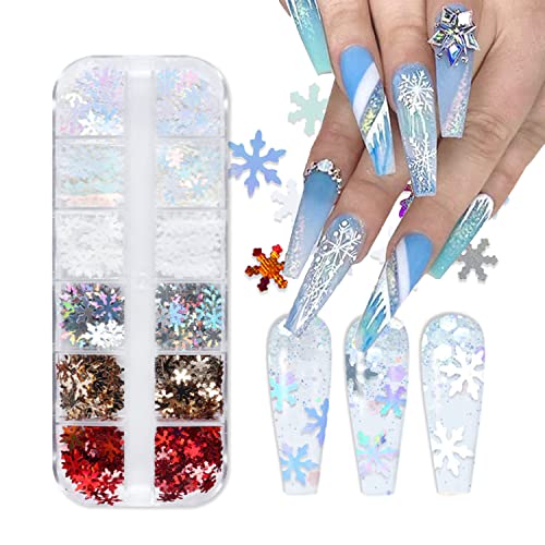 12 Grids Snowflake Nail Art Glitter Sequins 3D White Snowflakes Nail Sequins Winter Christmas Sequins Nail Decorations Snowflake Nail Art Stickers Decals Design Nail Art Supplies for Women Girls DIY