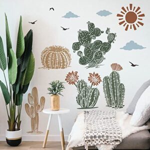 mfault boho cactus botanical wall decals stickers, bohemian cacti green plant sun cloud bird nursery decorations kids bedroom art, neutral toddlers room classroom playroom decor