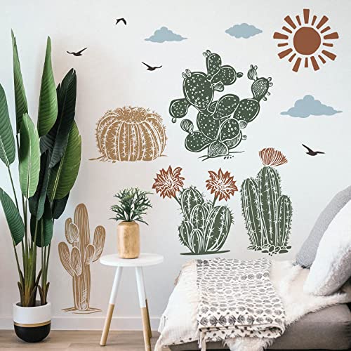 Mfault Boho Cactus Botanical Wall Decals Stickers, Bohemian Cacti Green Plant Sun Cloud Bird Nursery Decorations Kids Bedroom Art, Neutral Toddlers Room Classroom Playroom Decor