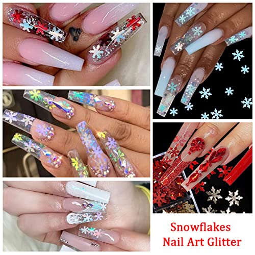 12 Grids Snowflake Nail Art Glitter Sequins 3D White Snowflakes Nail Sequins Winter Christmas Sequins Nail Decorations Snowflake Nail Art Stickers Decals Design Nail Art Supplies for Women Girls DIY