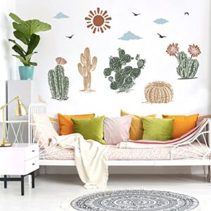 Mfault Boho Cactus Botanical Wall Decals Stickers, Bohemian Cacti Green Plant Sun Cloud Bird Nursery Decorations Kids Bedroom Art, Neutral Toddlers Room Classroom Playroom Decor