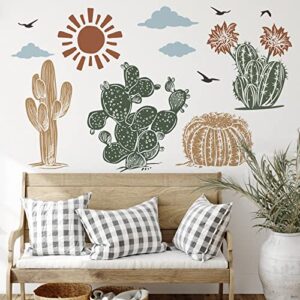 Mfault Boho Cactus Botanical Wall Decals Stickers, Bohemian Cacti Green Plant Sun Cloud Bird Nursery Decorations Kids Bedroom Art, Neutral Toddlers Room Classroom Playroom Decor