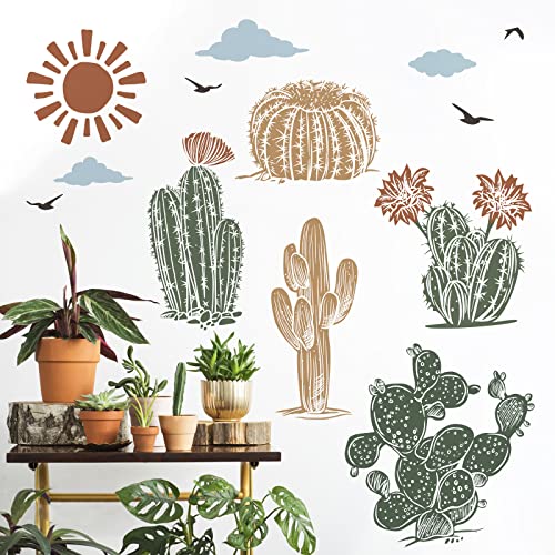 Mfault Boho Cactus Botanical Wall Decals Stickers, Bohemian Cacti Green Plant Sun Cloud Bird Nursery Decorations Kids Bedroom Art, Neutral Toddlers Room Classroom Playroom Decor