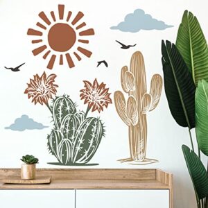 Mfault Boho Cactus Botanical Wall Decals Stickers, Bohemian Cacti Green Plant Sun Cloud Bird Nursery Decorations Kids Bedroom Art, Neutral Toddlers Room Classroom Playroom Decor