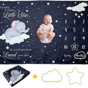 Pavo Baby Milestone Blanket - Baby Monthly Milestone Blanket for Boys Girls - Sleeping Elephant Twinkle Little Star - Neutral First Year Growth Months Chart - Premium Shower Gifts for Newborn 60"x40"