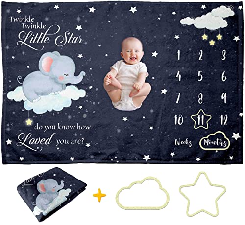 Pavo Baby Milestone Blanket - Baby Monthly Milestone Blanket for Boys Girls - Sleeping Elephant Twinkle Little Star - Neutral First Year Growth Months Chart - Premium Shower Gifts for Newborn 60"x40"