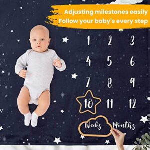 Pavo Baby Milestone Blanket - Baby Monthly Milestone Blanket for Boys Girls - Sleeping Elephant Twinkle Little Star - Neutral First Year Growth Months Chart - Premium Shower Gifts for Newborn 60"x40"