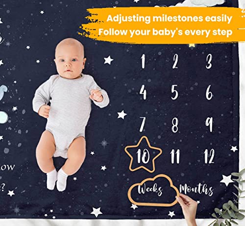 Pavo Baby Milestone Blanket - Baby Monthly Milestone Blanket for Boys Girls - Sleeping Elephant Twinkle Little Star - Neutral First Year Growth Months Chart - Premium Shower Gifts for Newborn 60"x40"